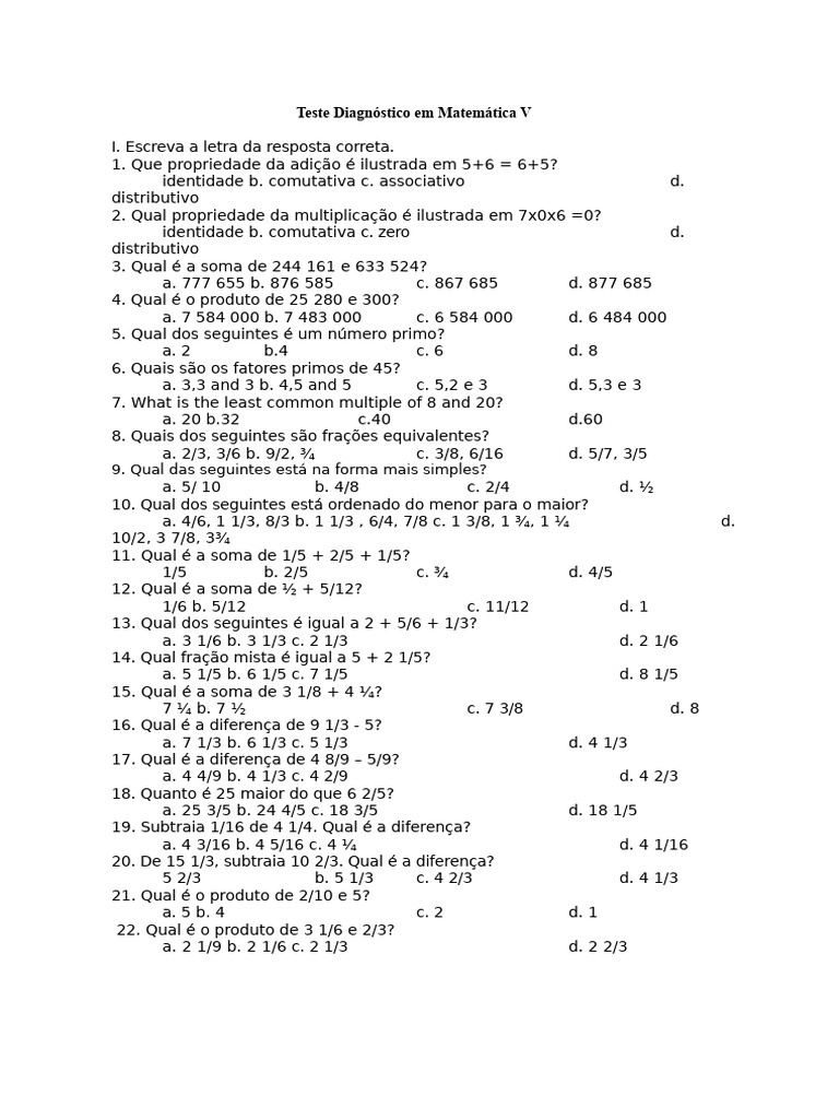 Teste Diagnóstico em Matemática V | PDF | Matemática | Matemática elementar