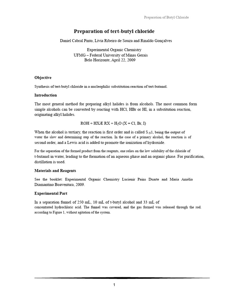 Synthesis of tert-Butyl Chloride | PDF | Chemical Reactions | Chemistry