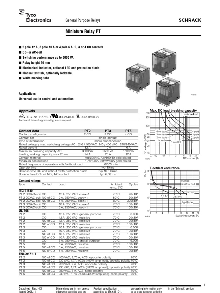 Schrack Miniature Relay PT: General Purpose Relays | PDF | Relay ...