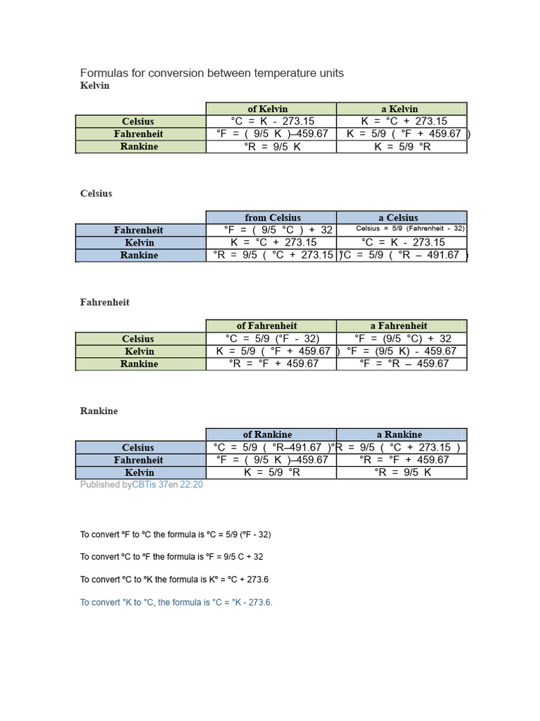 Formulas For Conversion Between Temperature Units | PDF