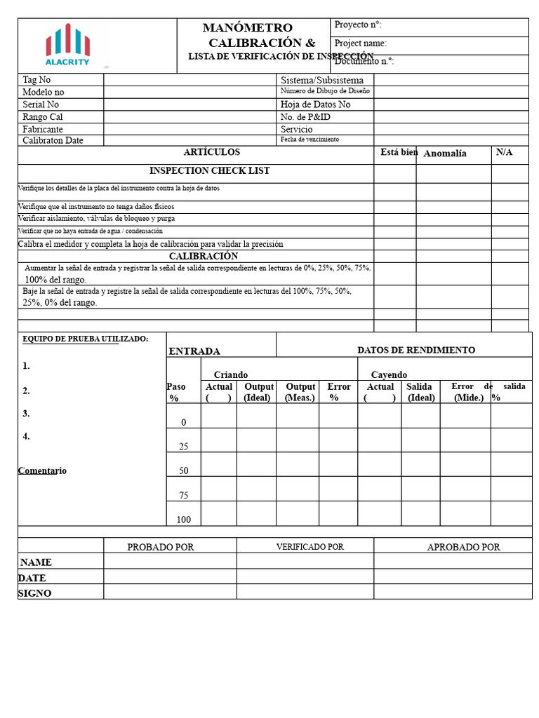 Hoja de Verificación Del Manómetro | PDF | Calibración