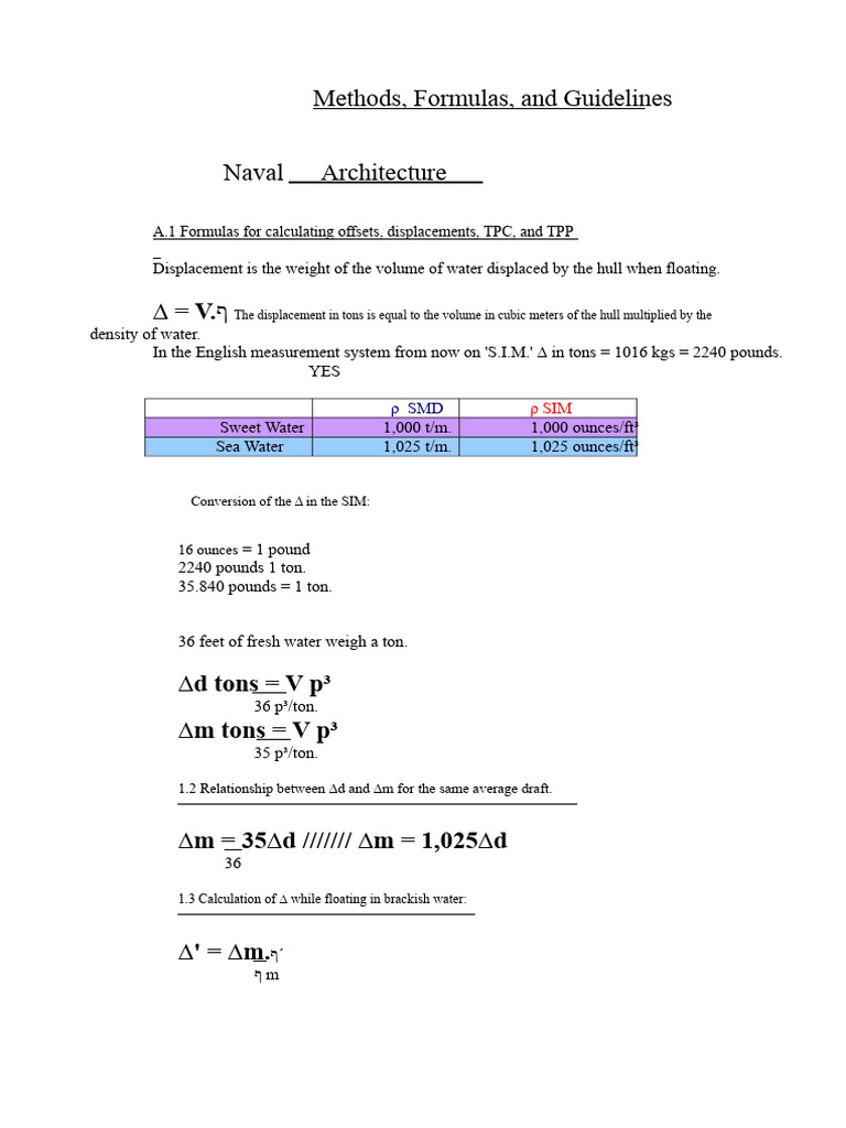 Naval Architecture Calculation Methods | PDF | Volume | Ton