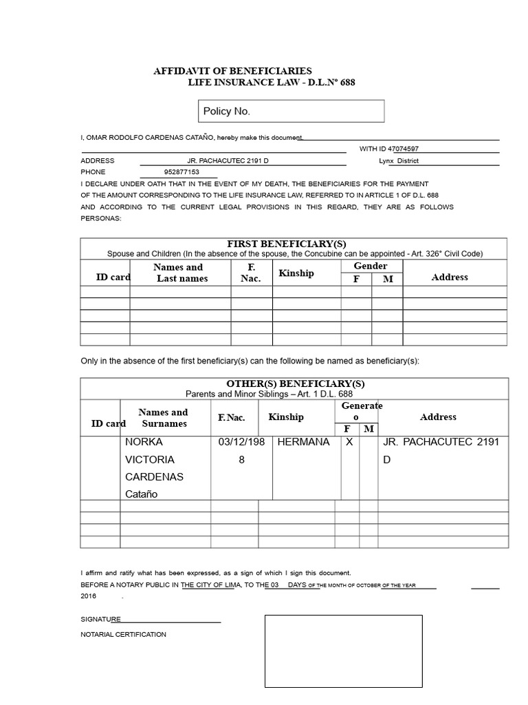 Life Insurance Beneficiary Affidavit | PDF