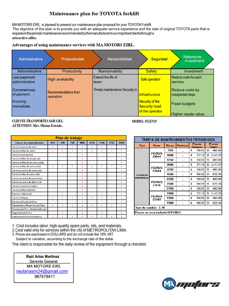 Toyota Forklift Maintenance Plan Proposal | PDF