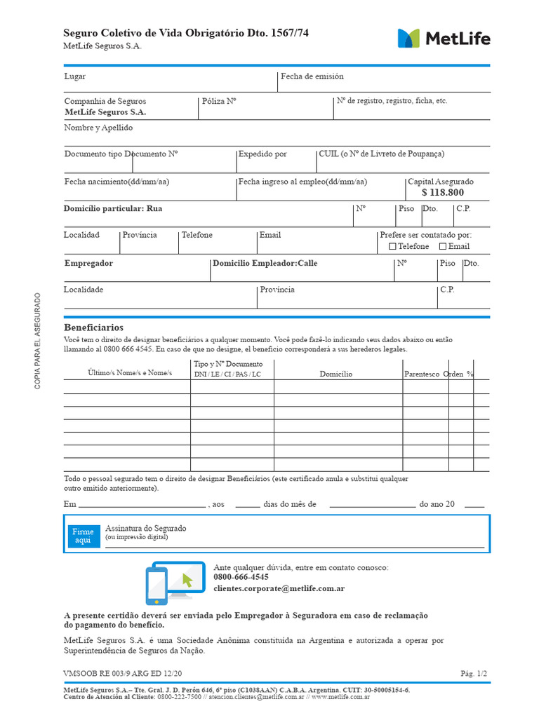 Formulário VIDA OBRIGATÓRIO | PDF | Seguro | Privacidade de informações