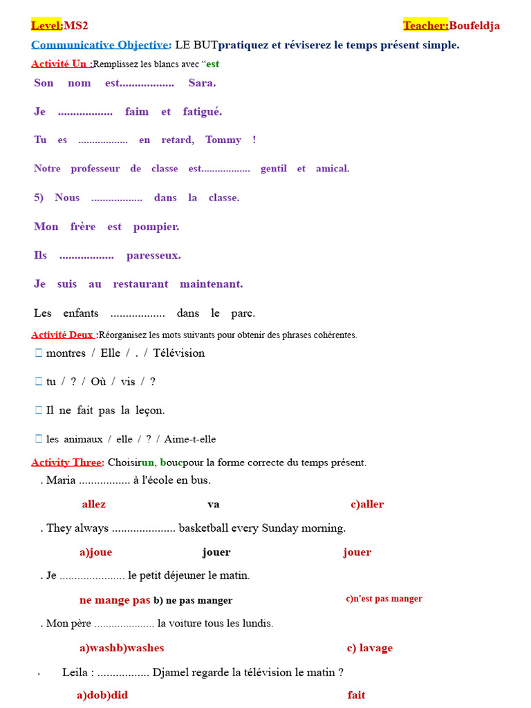 Pratique du présent simple en français | PDF