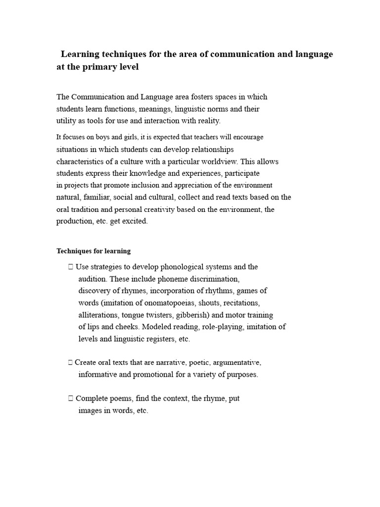 Learning Techniques for the Area of Communication and Language in ...