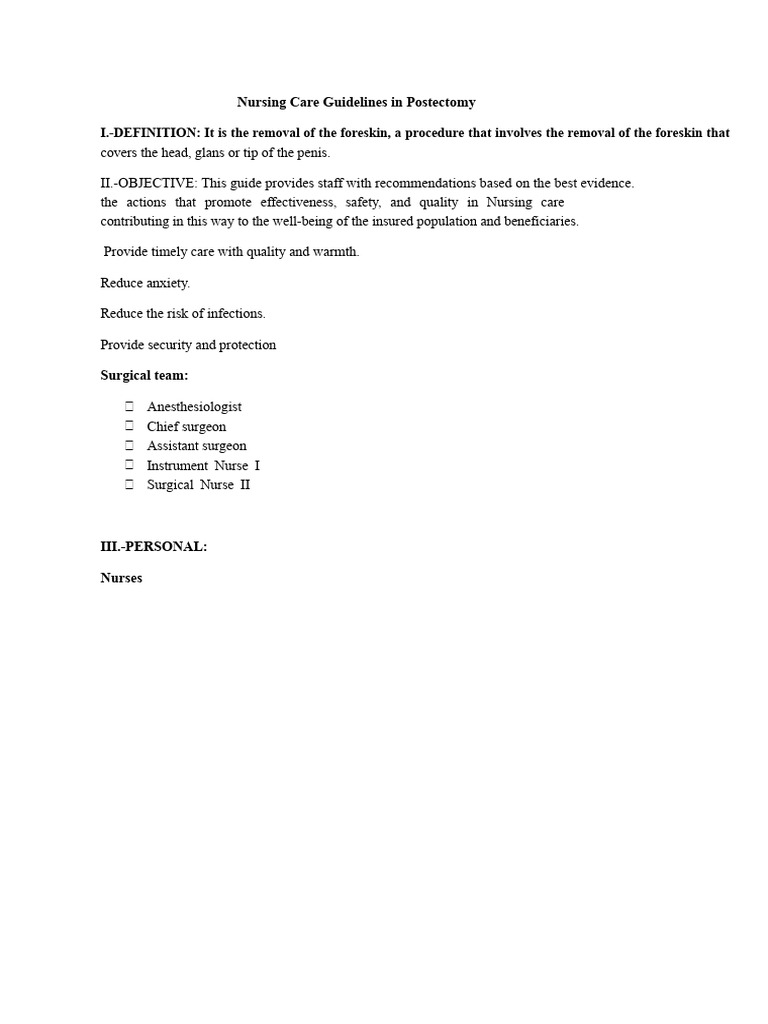 Nursing Care Guidelines in Postectomy and Record Sheets | PDF | Surgery | Operating Theater