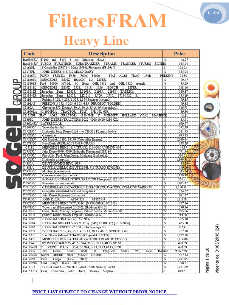 Fram Filters Catalogue Pdf