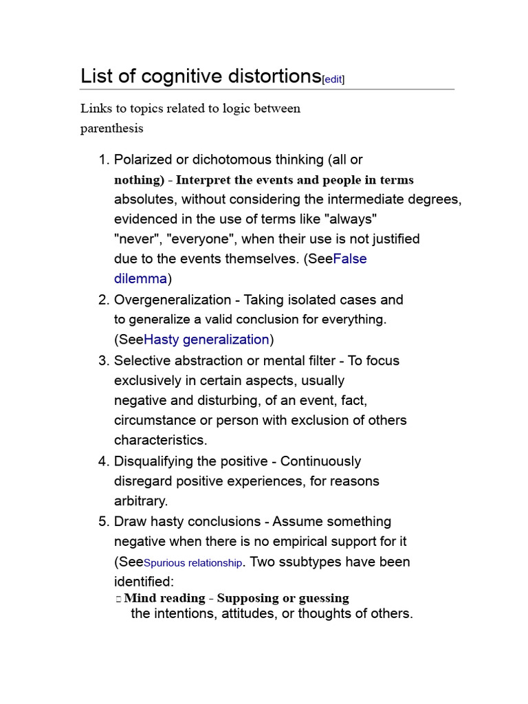 List of Cognitive Distortions | PDF | Thought | Psychology