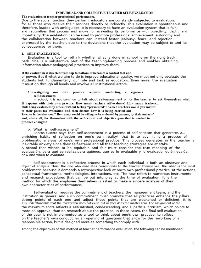 Individual and Collective Teacher Self-Assessment | PDF | Evaluation ...