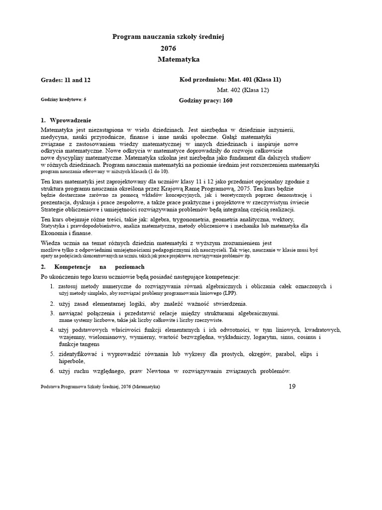 Program Nauczania Matematyki NEB XI I XII | PDF