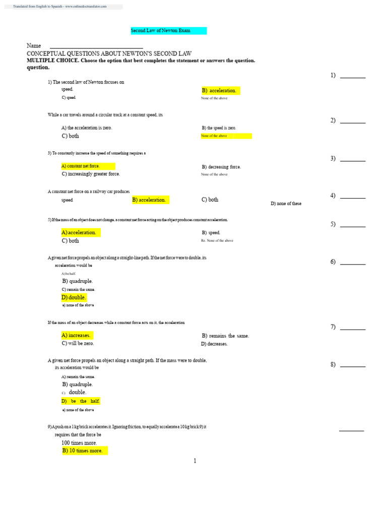2nd NEWTON'S LAW Questions With Answers | PDF | Force | Acceleration