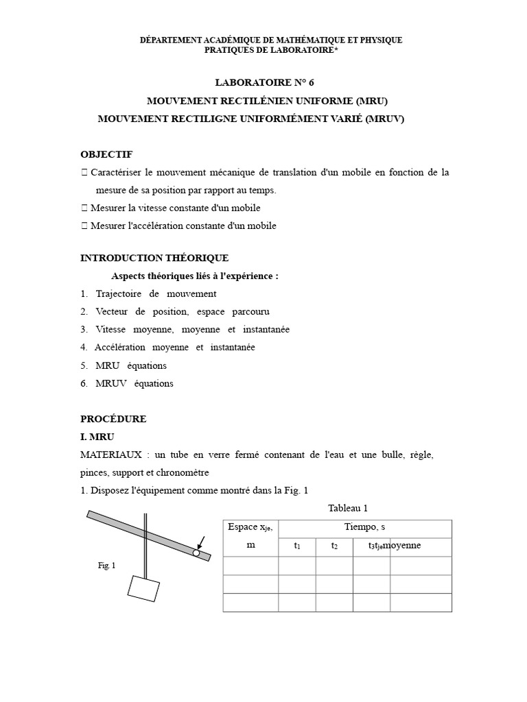 Guide 6 Laboratoire de Physique I - MOUVEMENT RECTILIGNE UNIFORME (MRU ...