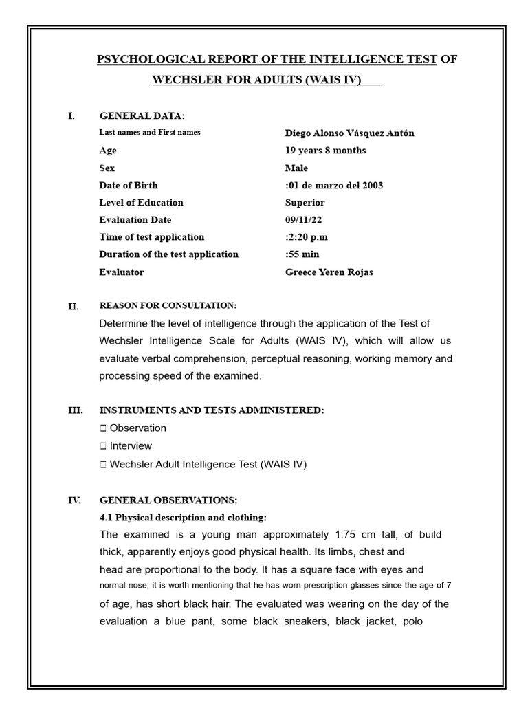 Psychological Report of The Wais Iv Test Diego Vasquez | PDF | Wechsler ...