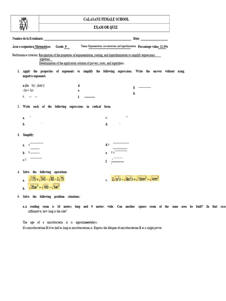Exam On Exponentiation, Radication, and Logarithmation | PDF | Exponentiation | Square Root