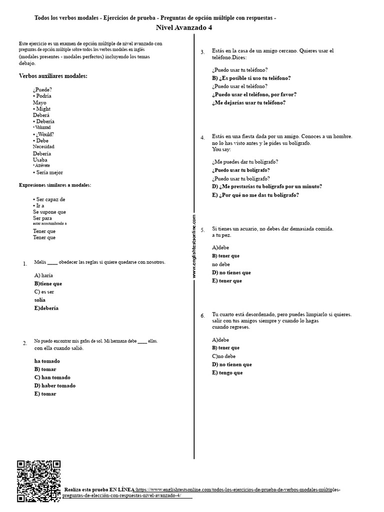 503 - Todas Las Pruebas de Verbos Modales Ejercicios de Elección ...