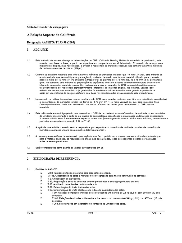 AASHTO T 193 Método Padrão para CBR | PDF | Umidade | Solo