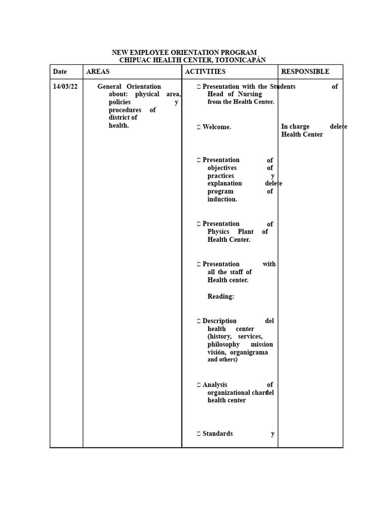 INDUCTION PROGRAM FOR NEW STAFF Hospital and Health Center | PDF ...