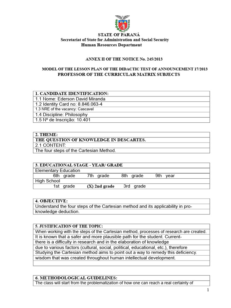Lesson Plan of The Didactic Test | PDF | René Descartes | Knowledge
