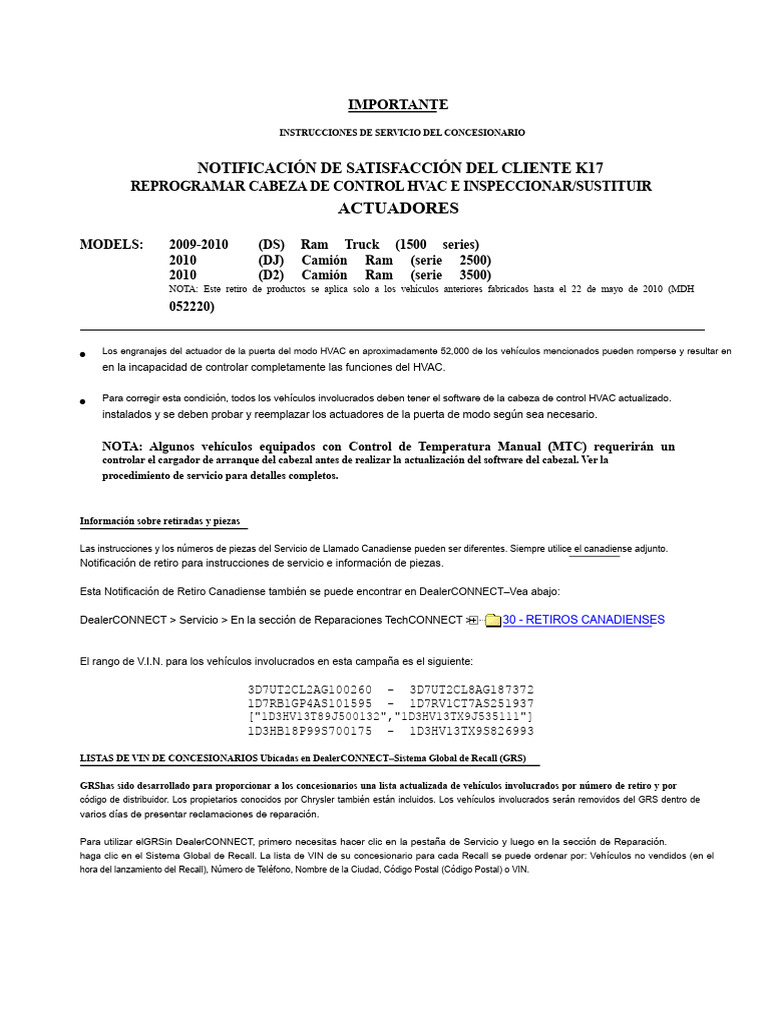 Recall de HVAC K17 Ram | PDF | Conector eléctrico | Software