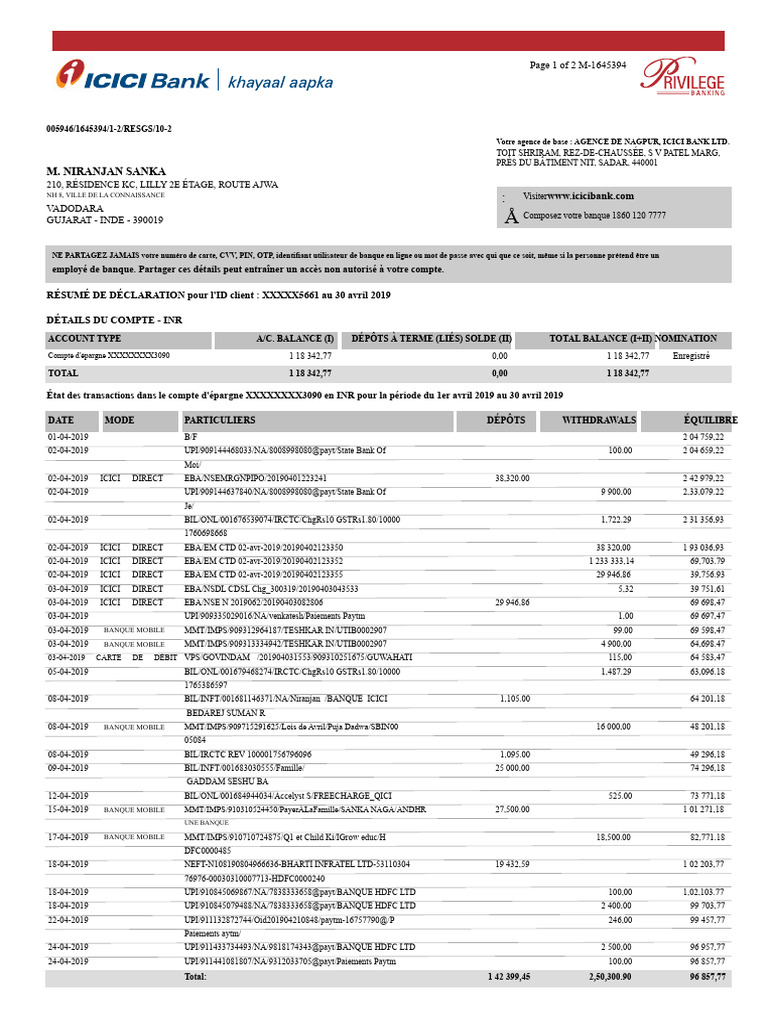 Relevé de Compte Épargne ICICI - Avril 2019 | PDF | Banques | Fonds de ...