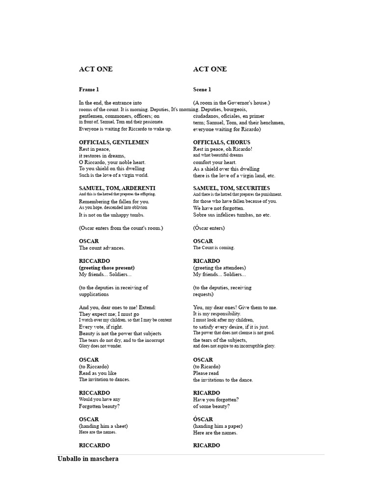 "Unballo in Maschera: Act One Summary" | PDF | Italian Language Works ...