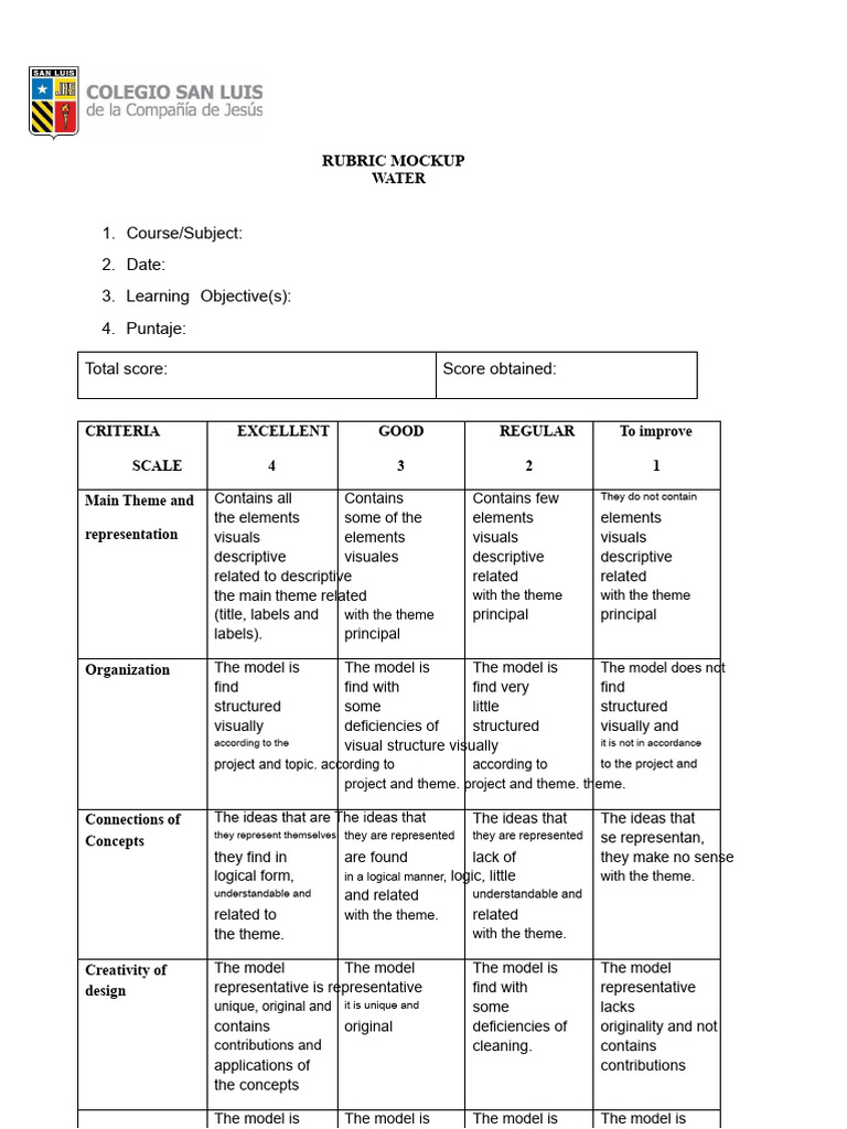 RUBRIC MODEL 5th Grade Water | PDF | Water | Rubric (Academic)