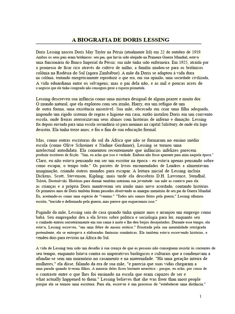 Biografia de Doris Lessing: Vida e Obra | PDF | Doris Lessing | Reino Unido
