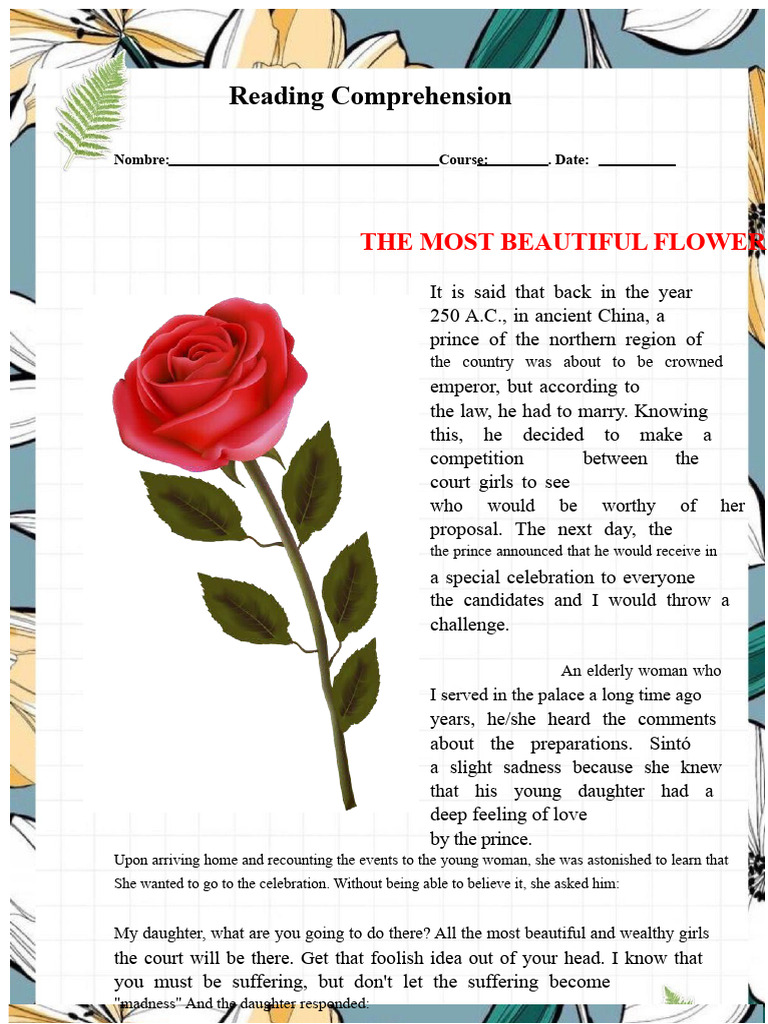 Reading Comprehension The Most Beautiful Flower | PDF | Courtship
