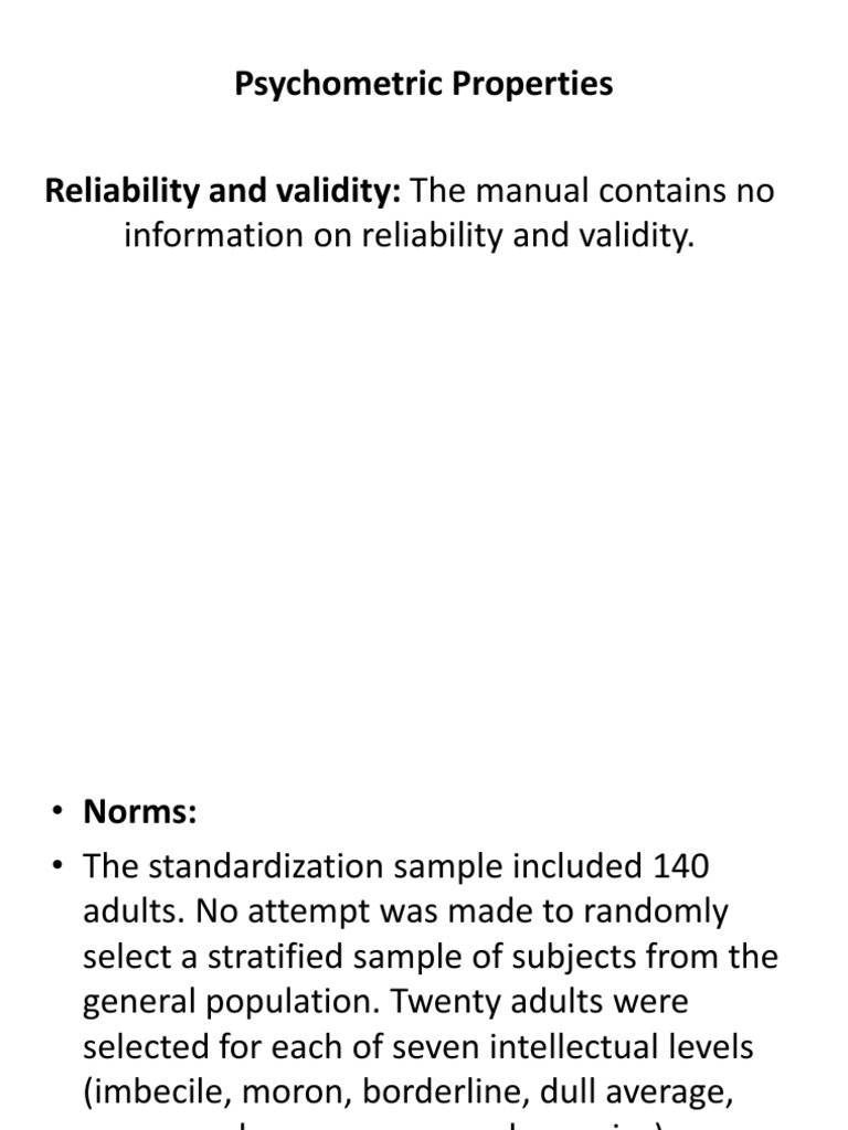 Psychometric Properties Reliability and Validity: The Manual Contains ...