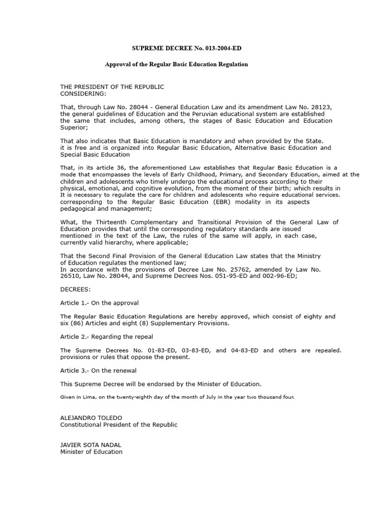DS 013-2004-Ed - Regulation of Eb.r | PDF | Curriculum | Pedagogy