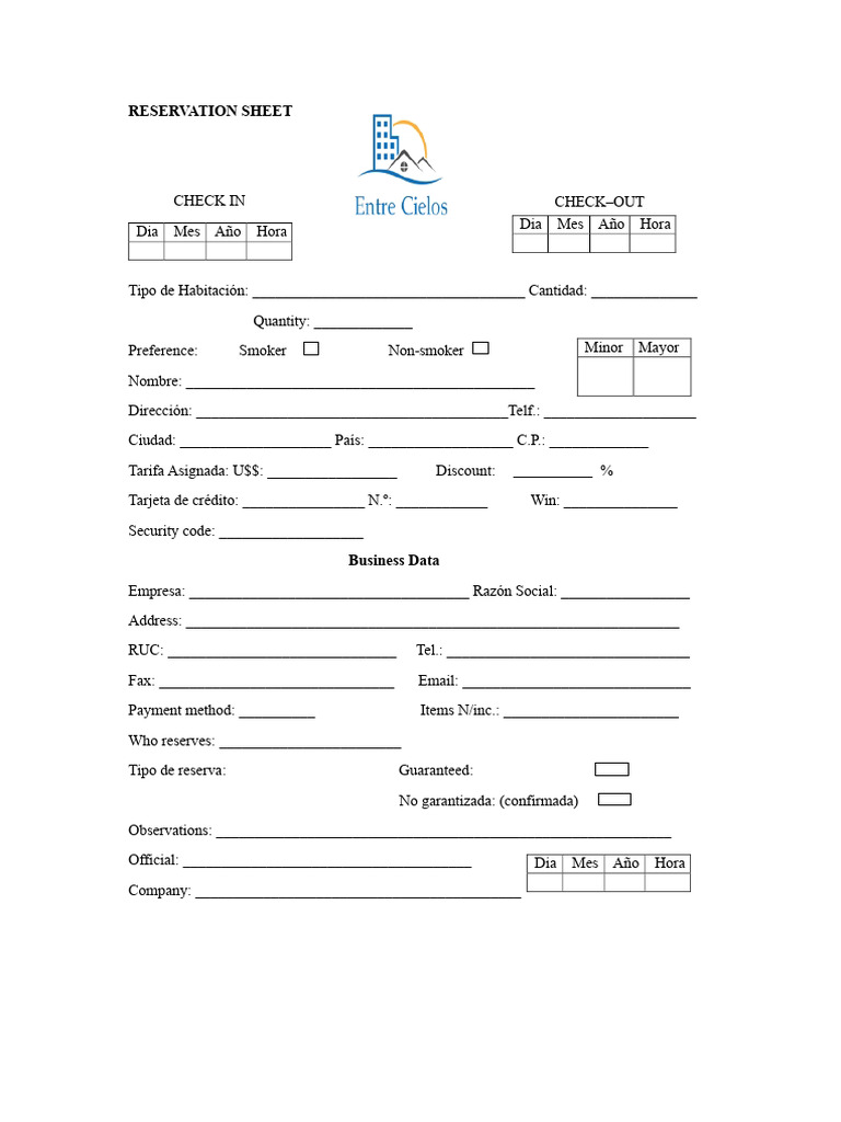 Reservation Sheet | PDF