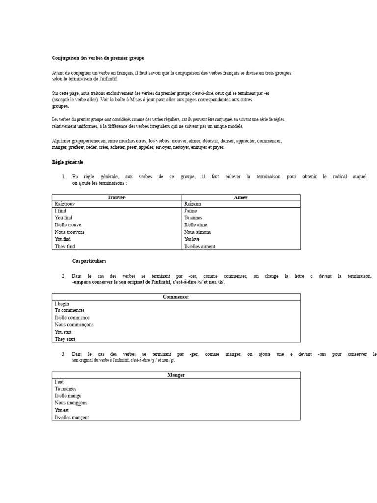 Conjugaison des verbes du premier groupe | PDF | Verbe | Conjugaison