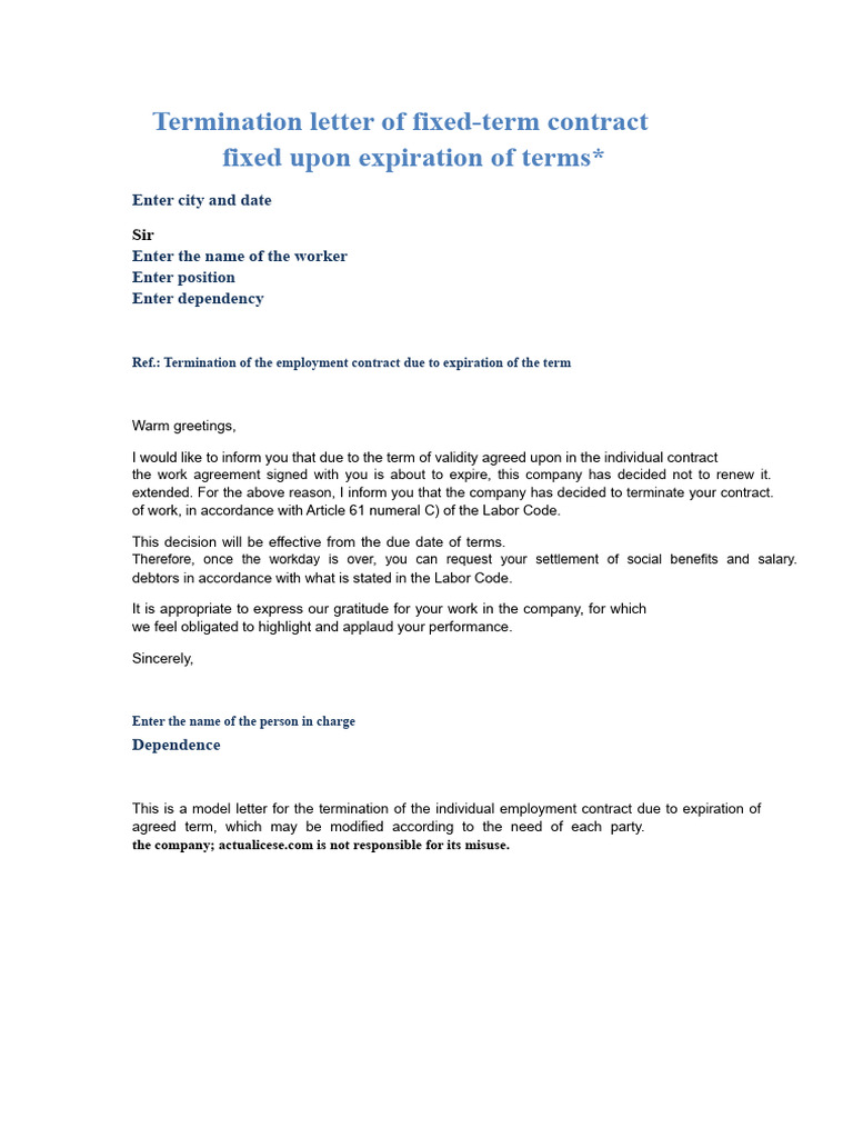 Letter of Termination of Fixed-Term Contract Upon Expiration of Terms | PDF