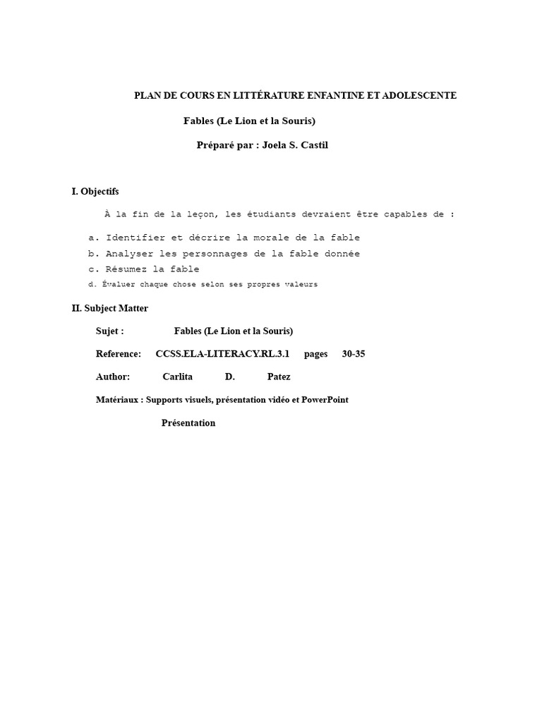Cours sur "Le Lion et la Souris" | PDF | Fable