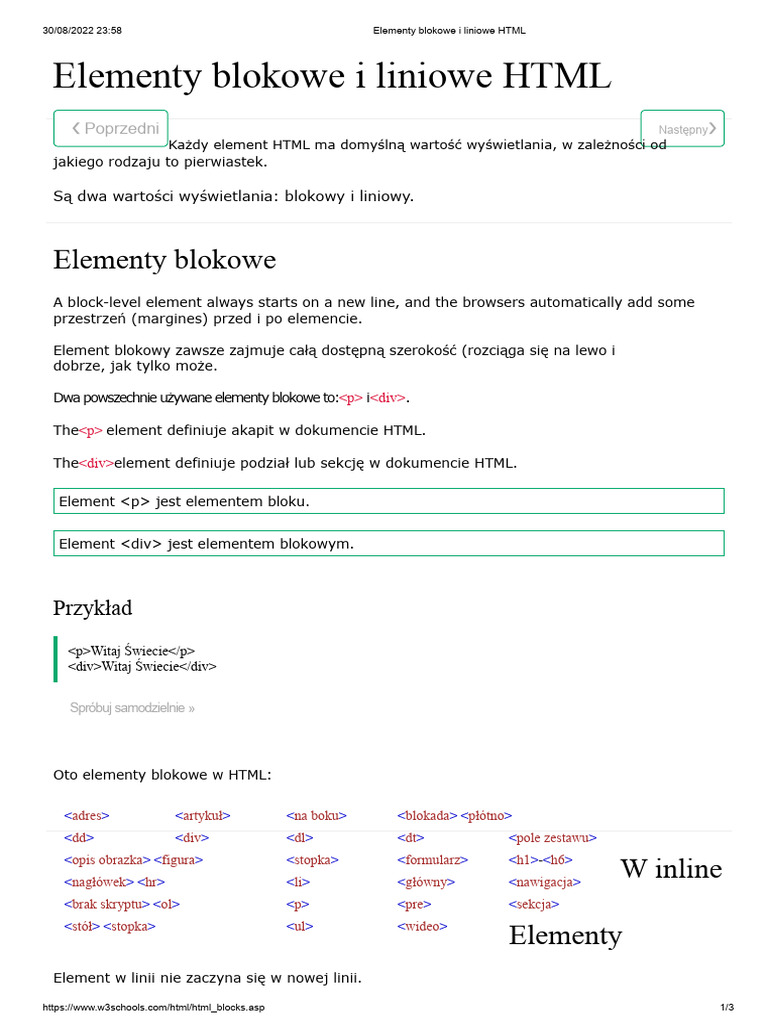Elementy Blokowe I Liniowe HTML | PDF