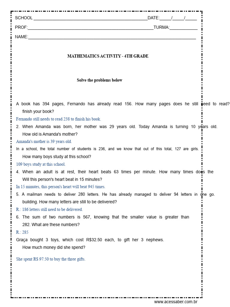 4th Grade Math Activity Worksheet | PDF