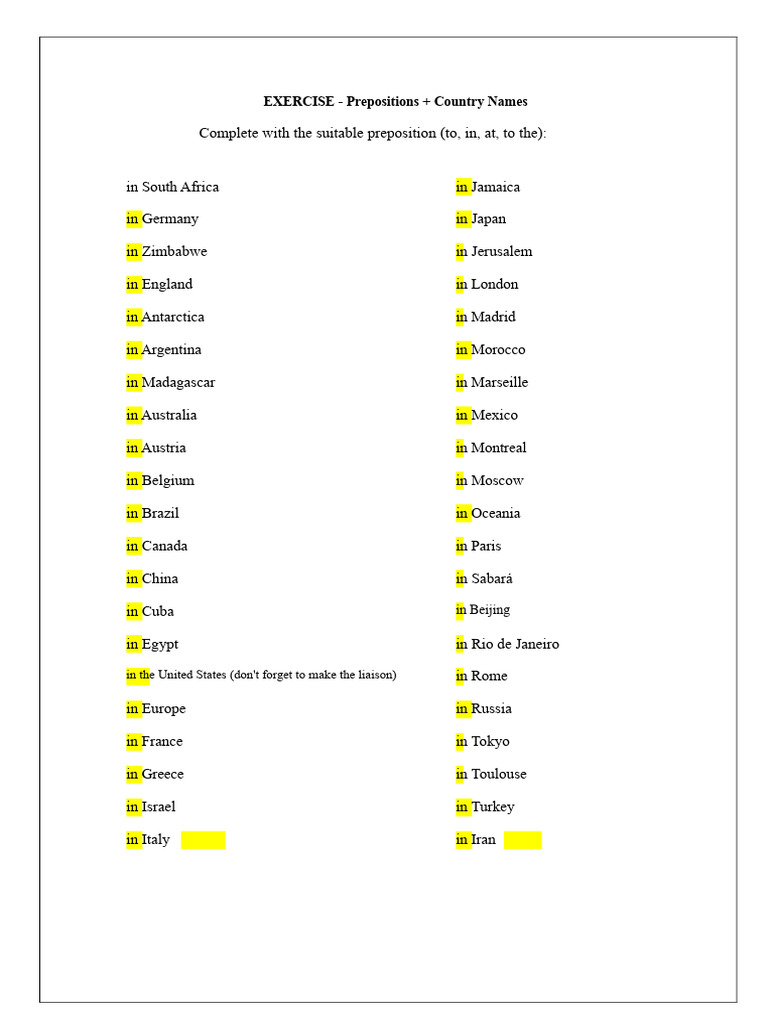 FRENCH EXERCISES - Prepositions + Names of Countries and Cities | PDF