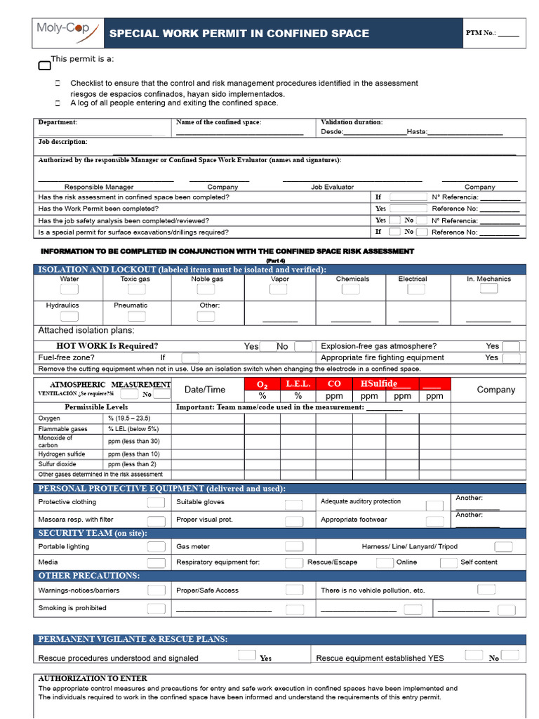 Special Work Permit Format For Confined Space (V2) | PDF | Safety | Gases