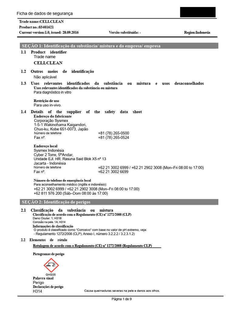 SDS Sysmex Hematologia CELLCLEAN_83401621_v1.0_ID-1 | PDF | Dióxido de ...