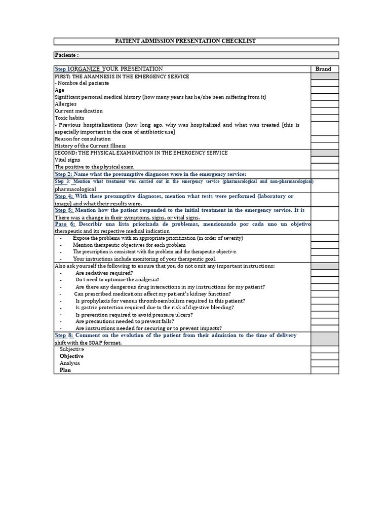 Patient Admission Presentation Checklist | PDF