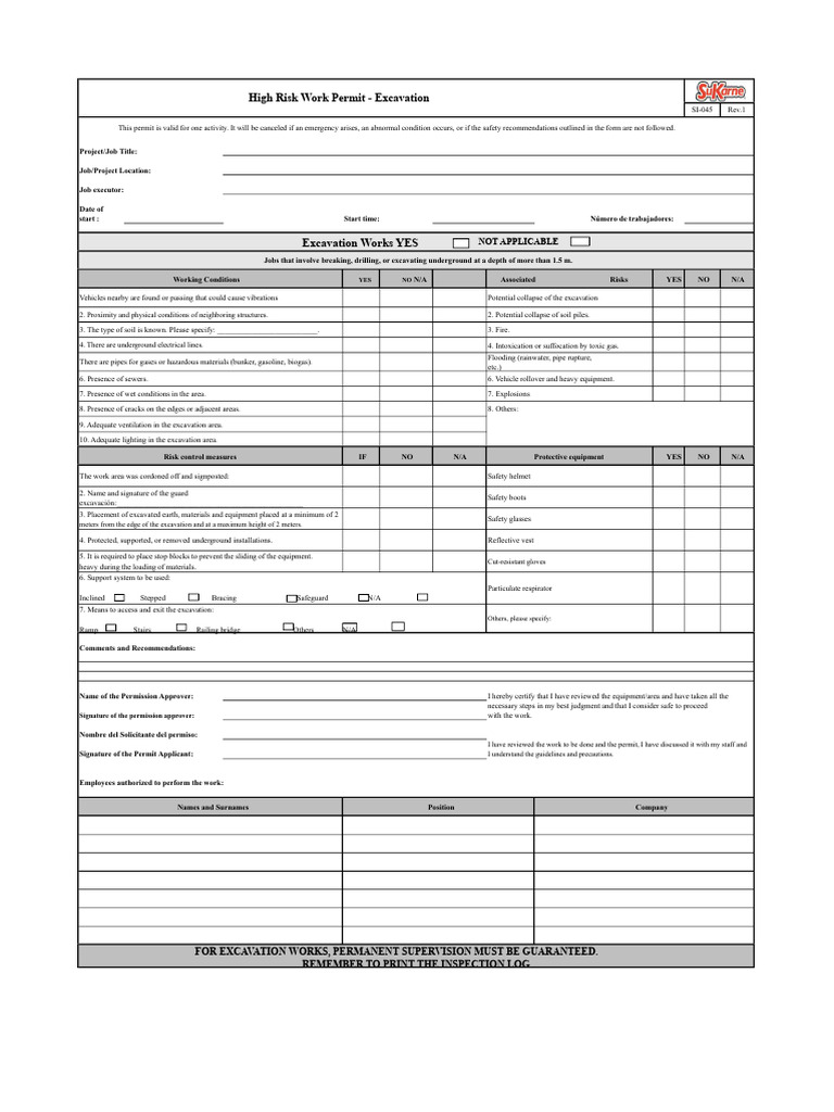 SI-045 High-Risk Work Permit - Excavation | PDF | Occupational Safety ...