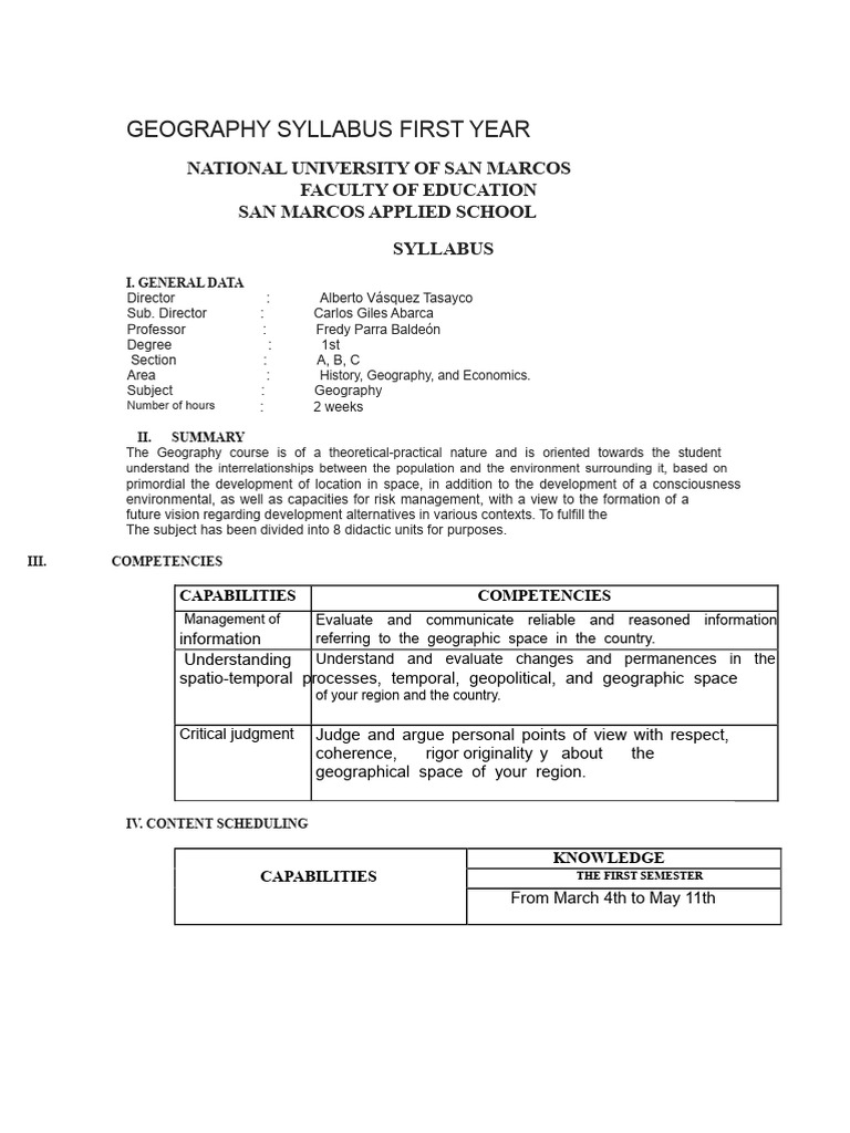 First Year Geography Syllabus - San Marcos | PDF | Geography | Peru