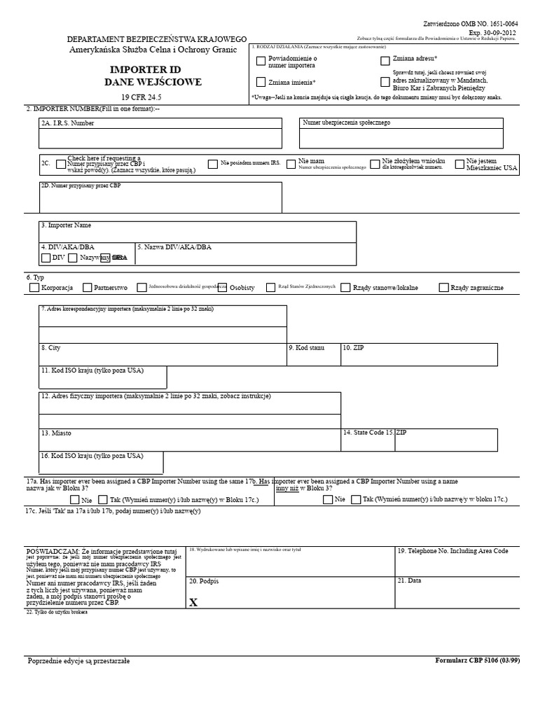 Formularz Celny USA: Formularz CBP 5106 - Rejestr Identyfikacji ...