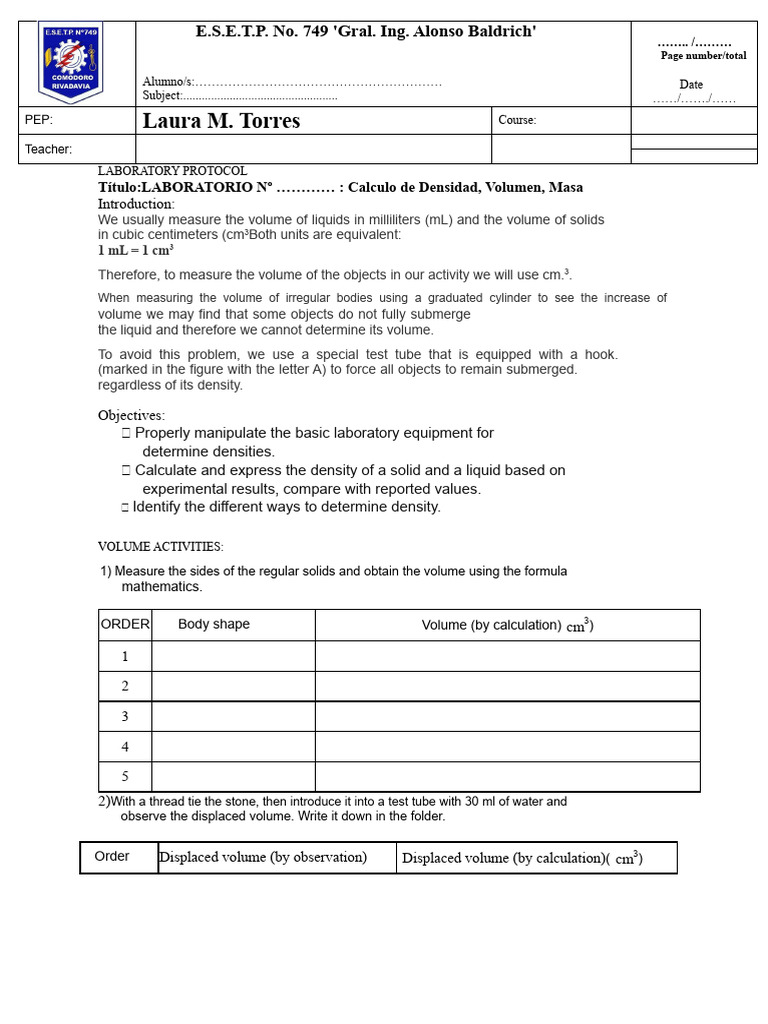 Laboratory Protocol: Density Calculation | PDF | Density | Volume