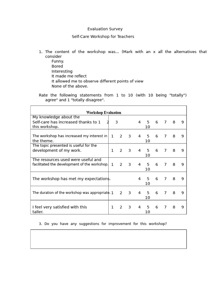 Self-Care Evaluation Survey For Teachers | PDF