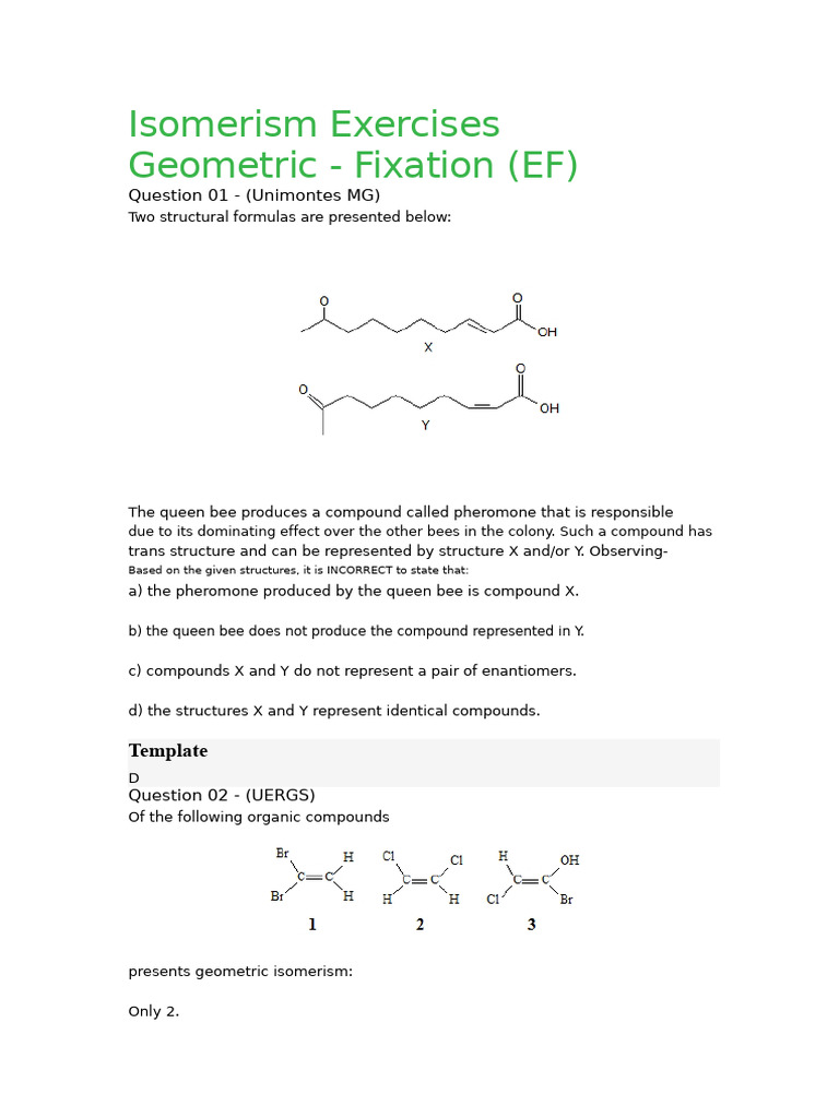 Geometric Isomerism Exercises | PDF | Isomer | Trans Fat