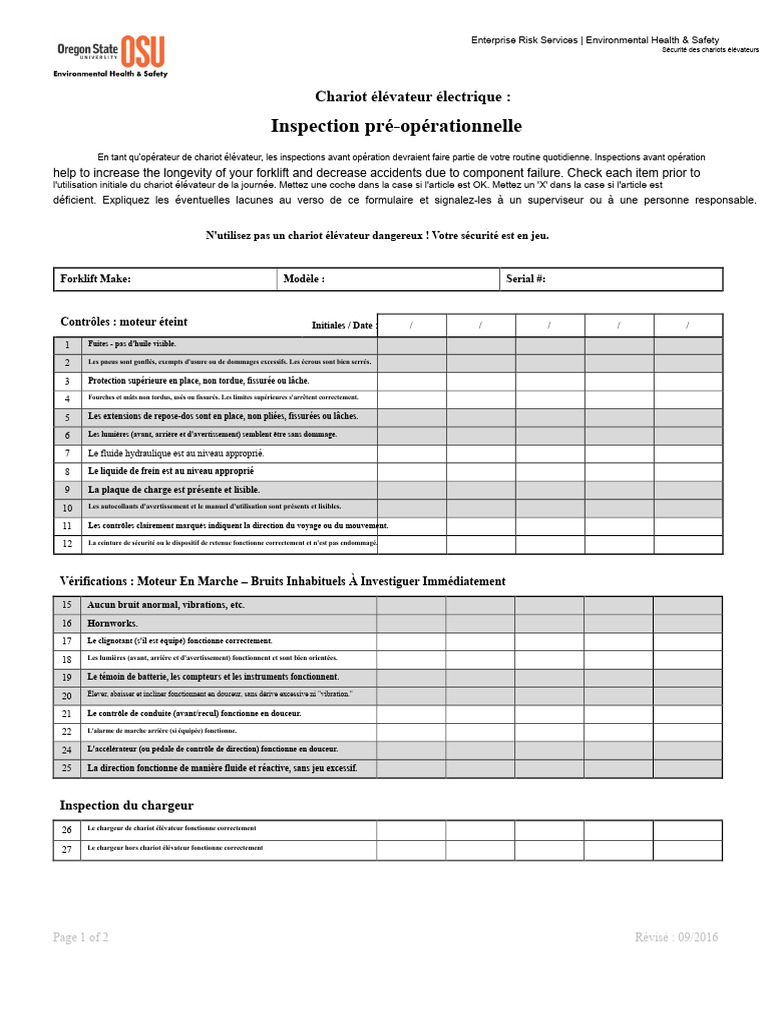 Liste de Vérification Quotidienne Pour Chariot Élévateur Électrique ...