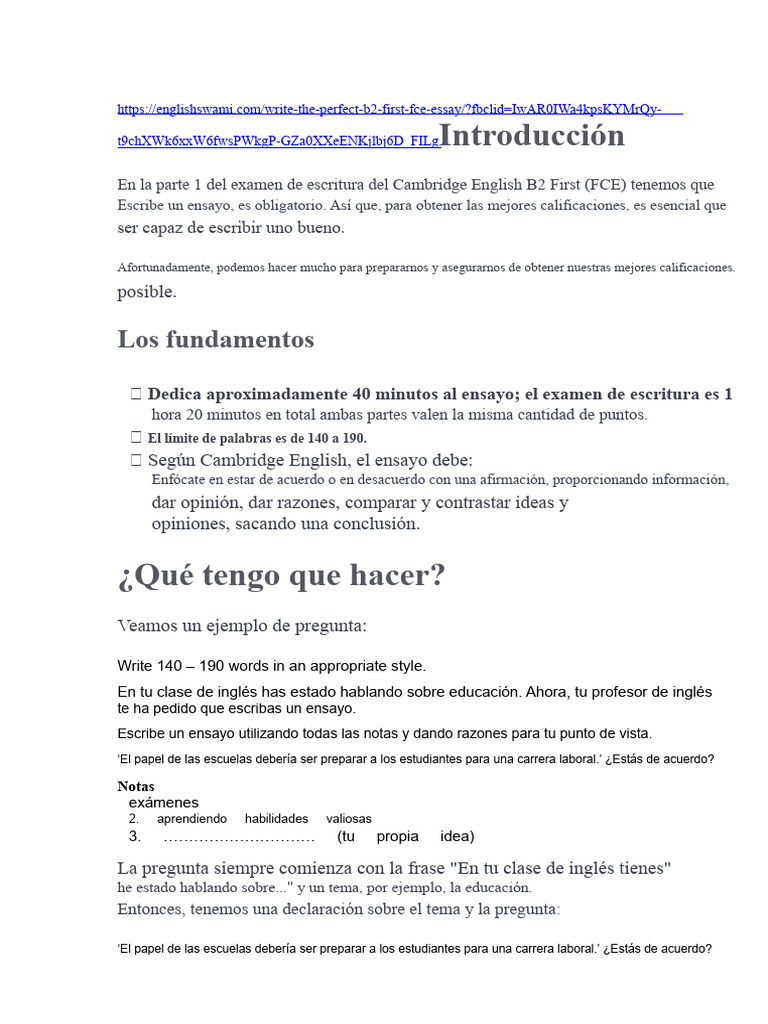Cómo Escribir Un Ensayo de Nivel 5 para El FCE B2 | PDF | Ensayos ...